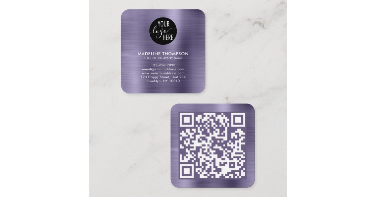 Brushed Metallic Lavender Company Logo QR Code Square Business Card ...