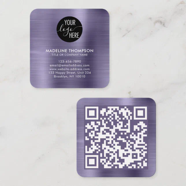 Brushed Metallic Lavender Company Logo QR Code Square Business Card ...