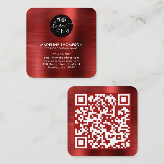 Brushed Metallic Red Company Logo QR Code Square Business Card | Zazzle
