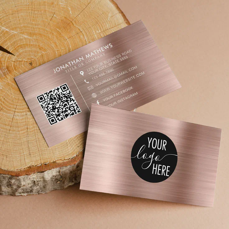 Brushed Metallic Rose Gold Company Logo QR Code Business Card | Zazzle