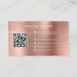 Brushed Metallic Rose Gold Company Logo QR Code Business Card | Zazzle