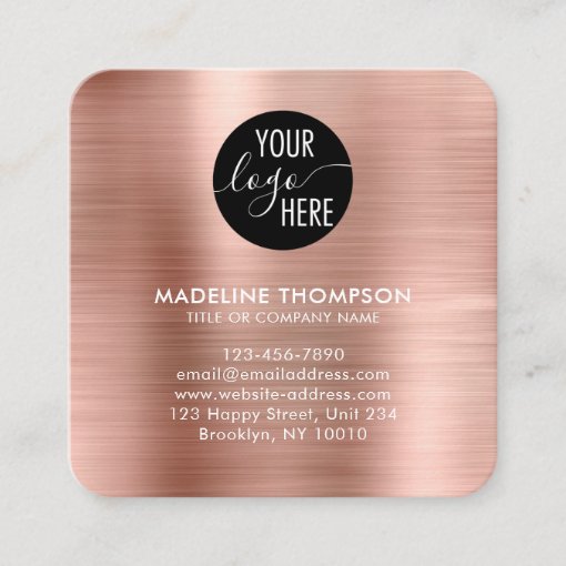 Brushed Metallic Rose Gold Company Logo QR Code Square Business Card ...