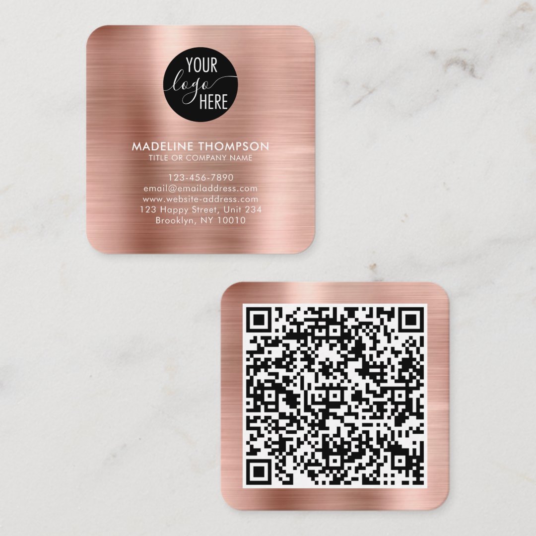 Brushed Metallic Rose Gold Company Logo QR Code Square Business Card ...