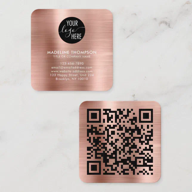 Brushed Metallic Rose Gold Company Logo QR Code Square Business Card ...