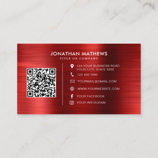 Brushed Metallic Ruby Red Company Logo QR Code Business Card | Zazzle