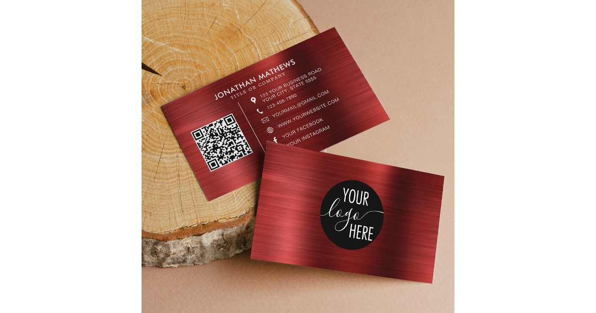 Brushed Metallic Ruby Red Company Logo QR Code Business Card | Zazzle