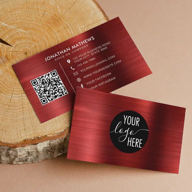 Brushed Metallic Ruby Red Company Logo QR Code Business Card | Zazzle