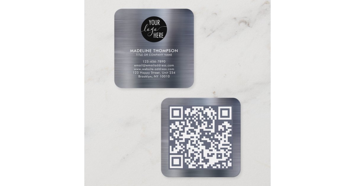 Brushed Metallic Silver Gray Company Logo QR Code Square Business Card ...