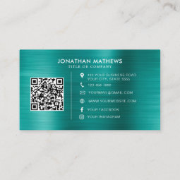 Brushed Metallic Teal Company Logo QR Code Business Card | Zazzle