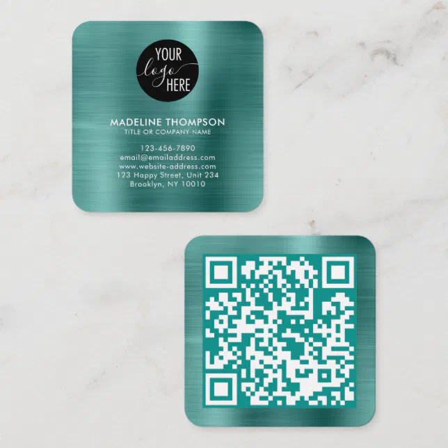 Brushed Metallic Teal Company Logo QR Code Square Business Card | Zazzle