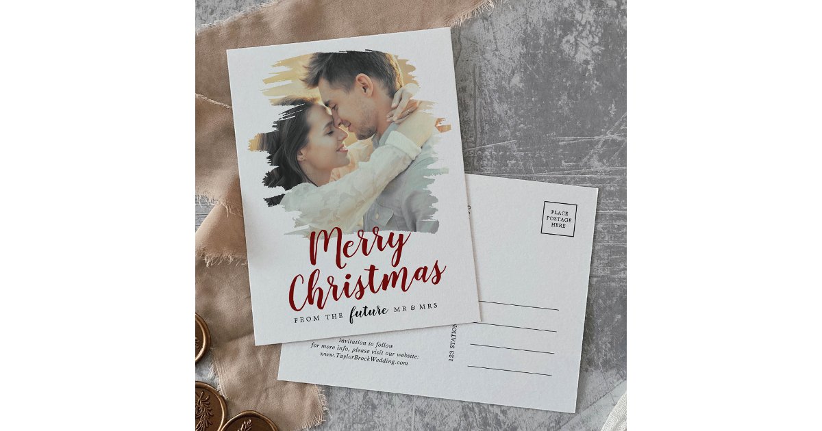 Brushed Red Merry Christmas Save the Date Photo Holiday Postcard | Zazzle
