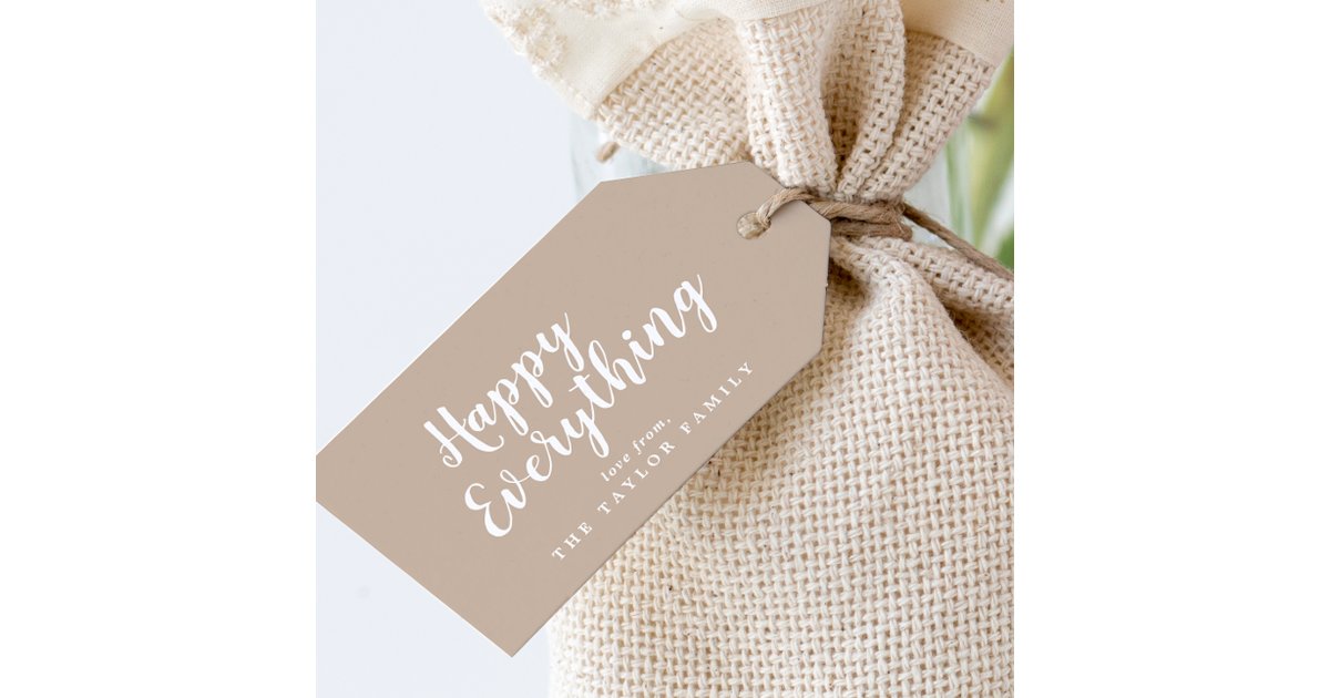 Brushed Tan Happy Everything Family Holiday Gift Tags | Zazzle