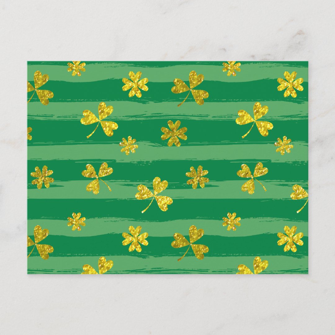 Brushstroke Lucky Pattern with Golden Clovers Postcard | Zazzle