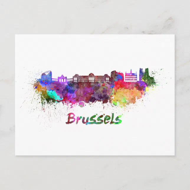 Brussels skyline in watercolor postcard | Zazzle