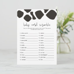 BRYNDLE Modern Cow Print Baby Word Scramble Game Invitation | Zazzle