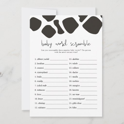 BRYNDLE Modern Cow Print Baby Word Scramble Game Invitation | Zazzle
