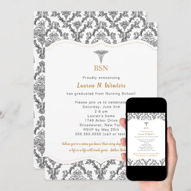 BSN Black with Gold accents graduation party, RN Invitation | Zazzle