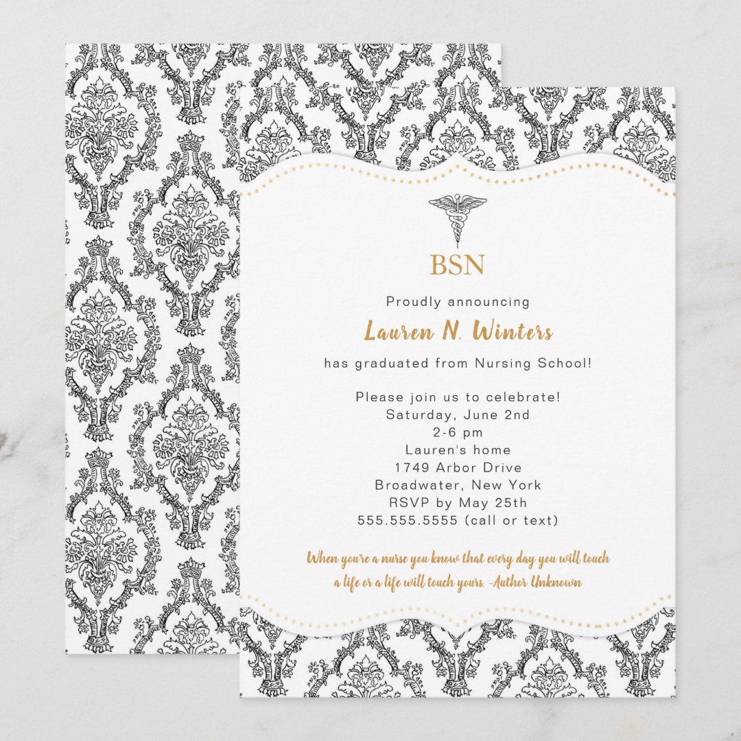 BSN Black with Gold accents graduation party, RN Invitation | Zazzle