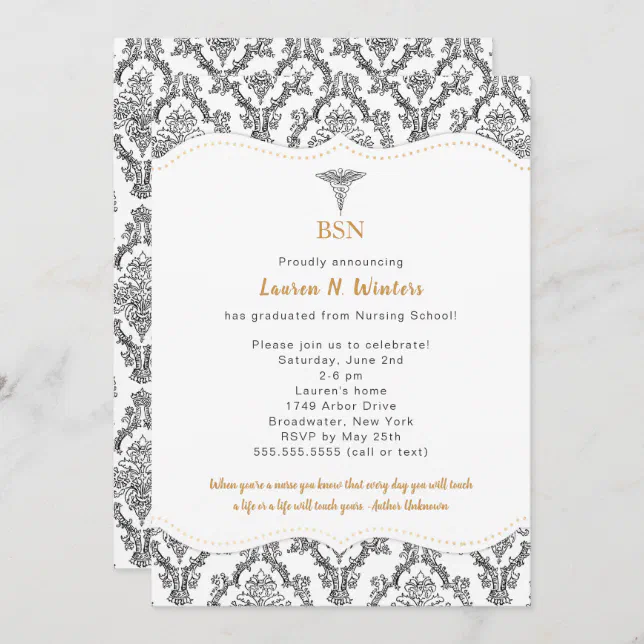 BSN Black with Gold accents graduation party, RN Invitation | Zazzle