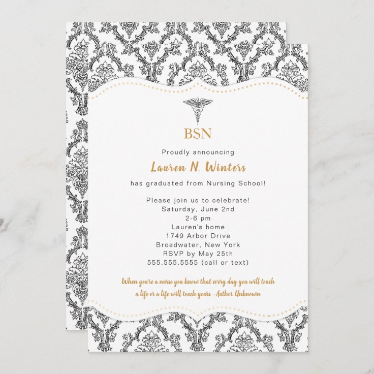 BSN Black with Gold accents graduation party, RN Invitation | Zazzle