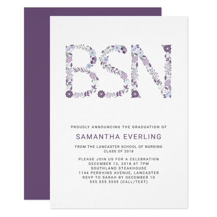BSN graduation celebration, floral nurse purple Invitation | Zazzle.com
