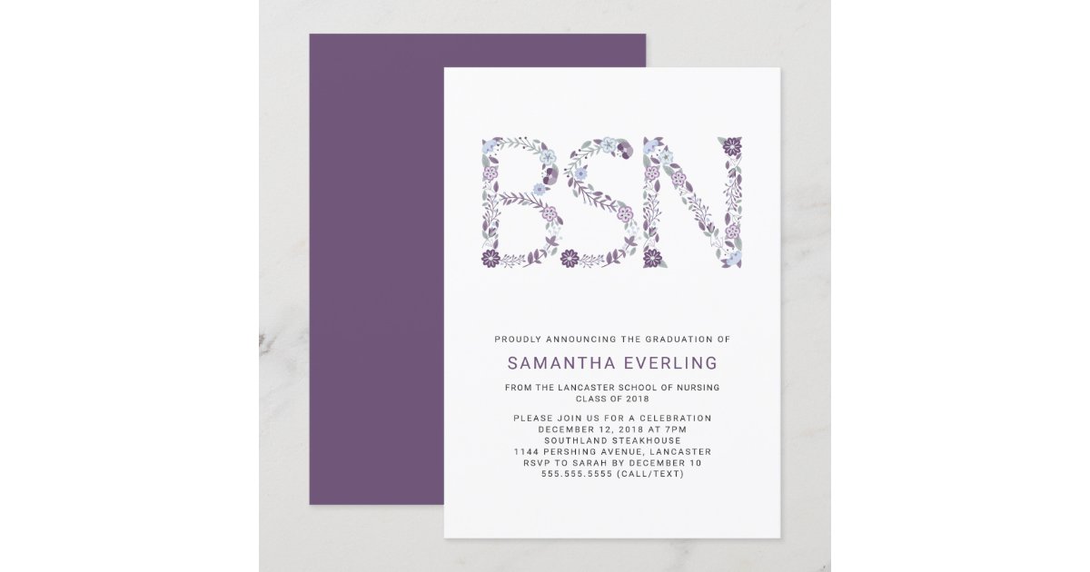 BSN graduation celebration, floral nurse purple Invitation | Zazzle