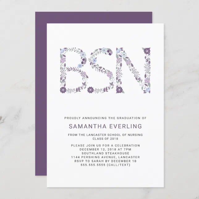 BSN graduation celebration, floral nurse purple Invitation | Zazzle