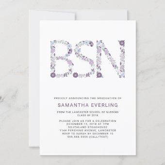 BSN graduation celebration, floral nurse purple Invitation | Zazzle
