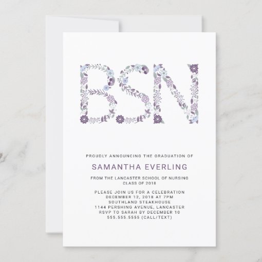 BSN graduation celebration, floral nurse purple Invitation | Zazzle