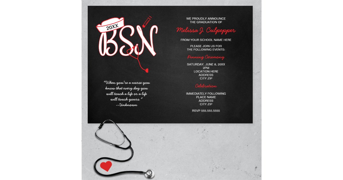 BSN graduation invitations with nurse quote RED | Zazzle