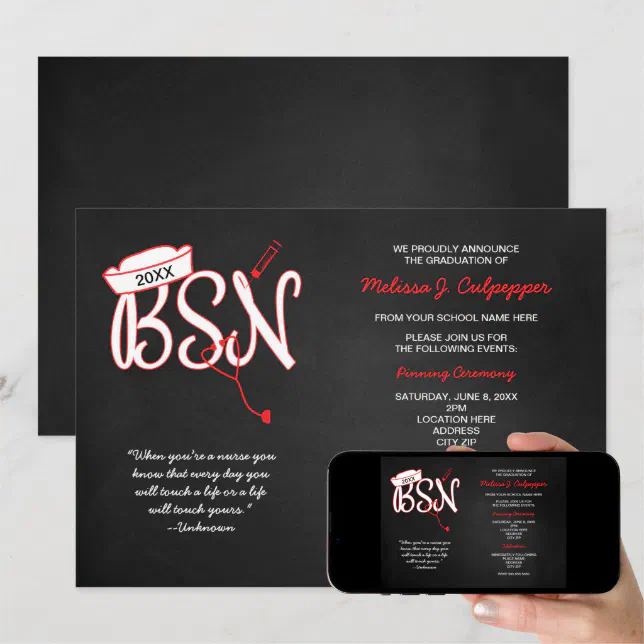 BSN graduation invitations with nurse quote RED | Zazzle
