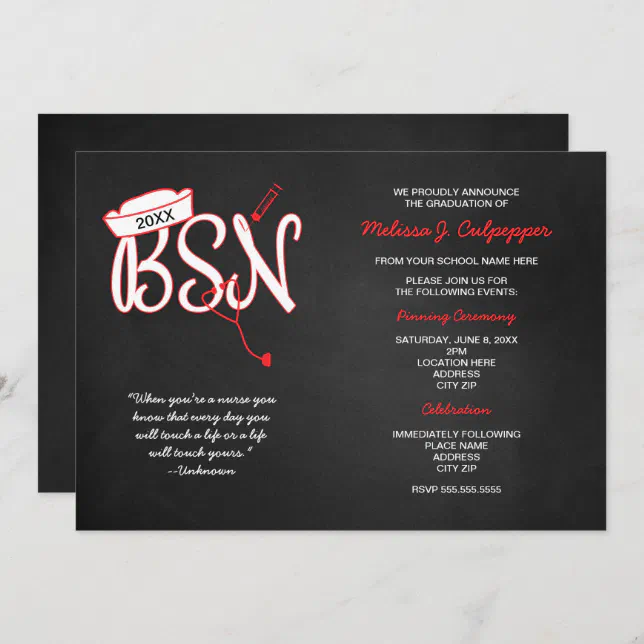 BSN graduation invitations with nurse quote RED | Zazzle