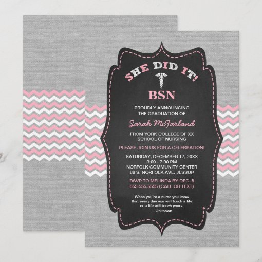 BSN Nurse graduation invites, PINK gray chalkboard Invitation | Zazzle