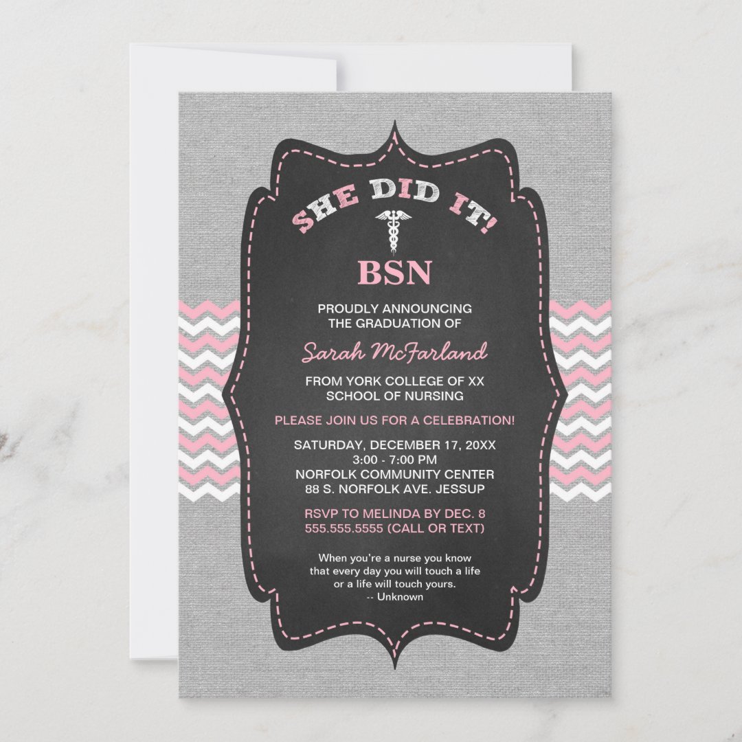 BSN Nurse graduation invites, PINK gray chalkboard Invitation | Zazzle