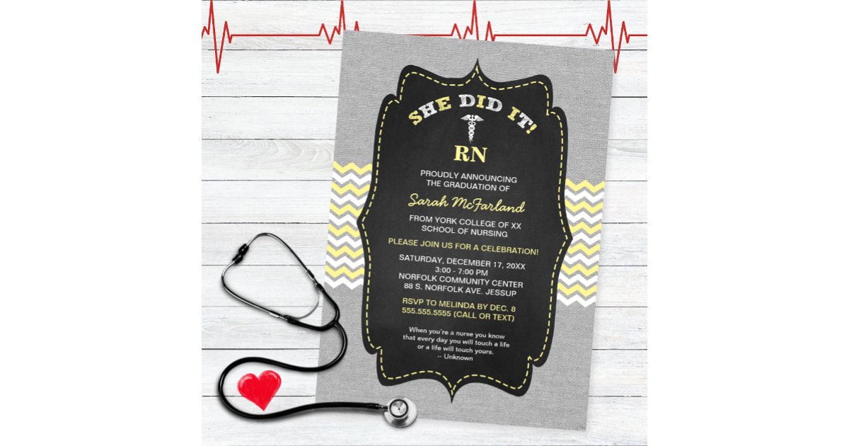 BSN Nurse graduation invites, yellow chalkboard Invitation | Zazzle