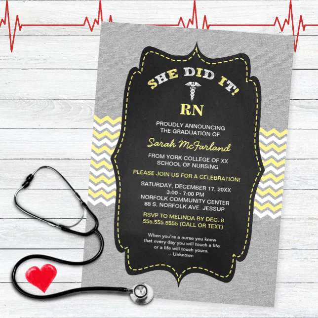 BSN Nurse graduation invites, yellow chalkboard Invitation | Zazzle