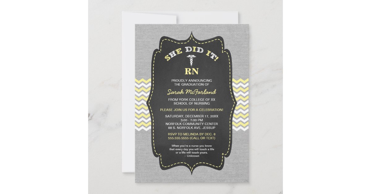 BSN Nurse graduation invites, yellow chalkboard Invitation | Zazzle