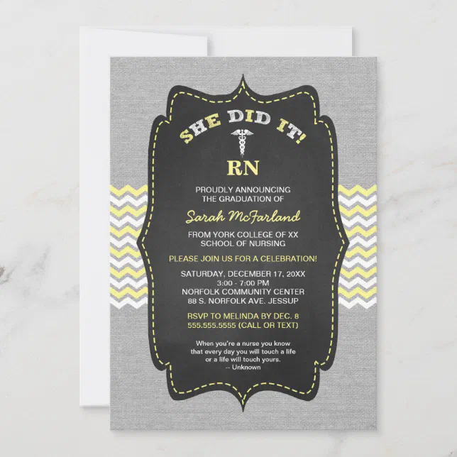 BSN Nurse graduation invites, yellow chalkboard Invitation | Zazzle