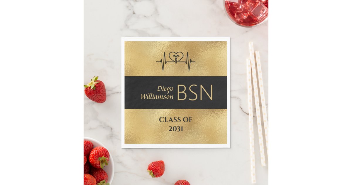 BSN NURSE Graduation RN LPN Name Black Faux Gold Napkins | Zazzle
