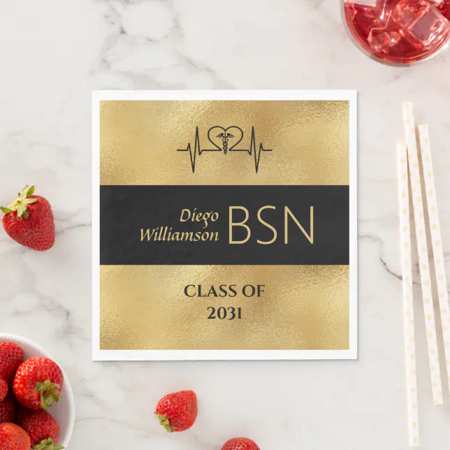 BSN NURSE Graduation RN LPN Name Black Faux Gold Napkins | Zazzle
