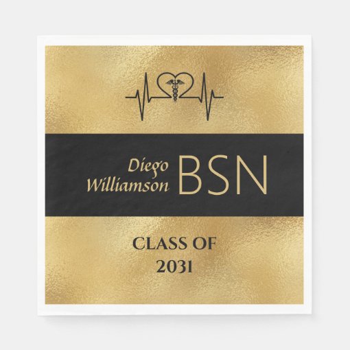 BSN NURSE Graduation RN LPN Name Black Faux Gold Napkins | Zazzle
