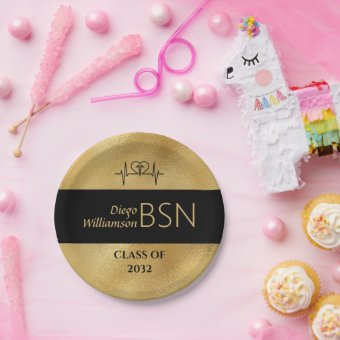 BSN NURSE Graduation RN LPN Name Black Faux Gold Paper Plates | Zazzle
