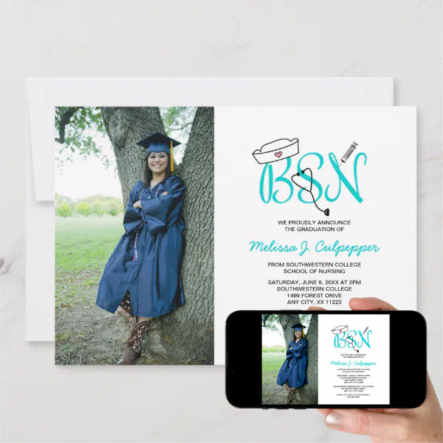 BSN Nurse photo graduation pinning party / teal Invitation | Zazzle