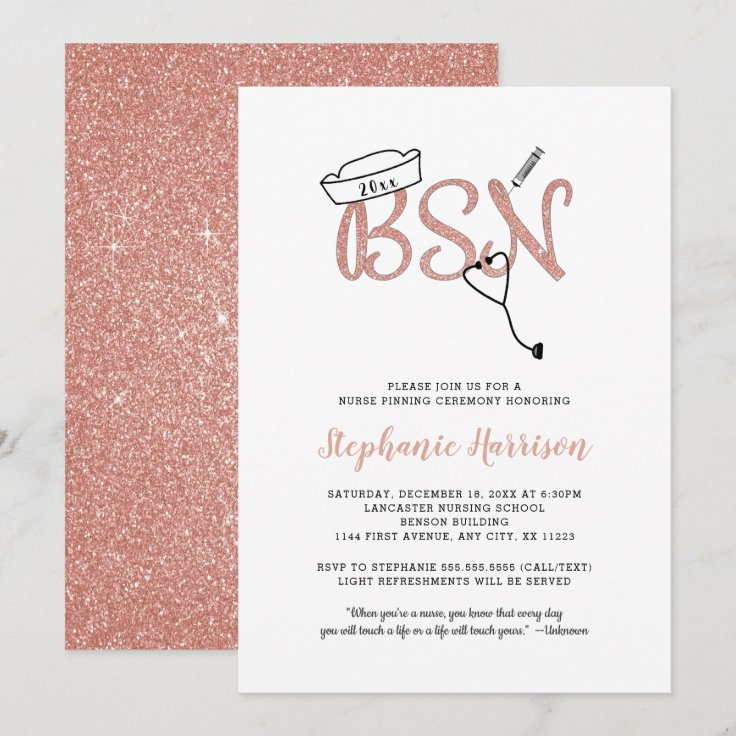 BSN pinning nurse graduation rose gold invite | Zazzle