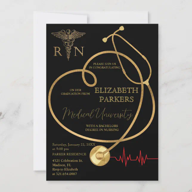 BSN RN Black Gold Nursing Graduation Party Invitation | Zazzle