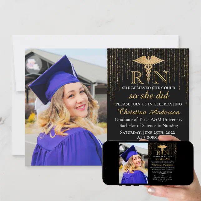 BSN RN Gold Glitter Nursing Photo Graduation Party Invitation | Zazzle