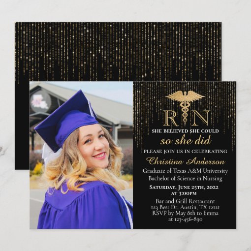 BSN RN Gold Glitter Nursing Photo Graduation Party Invitation | Zazzle