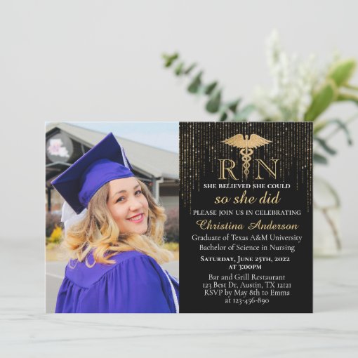 BSN RN Gold Glitter Nursing Photo Graduation Party Invitation | Zazzle