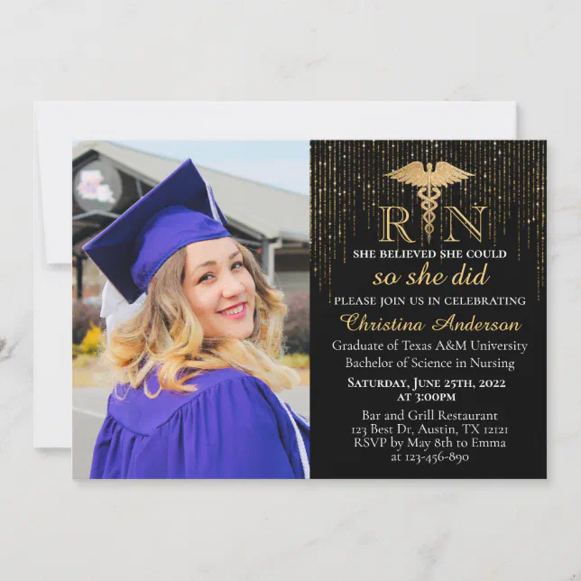 BSN RN Gold Glitter Nursing Photo Graduation Party Invitation | Zazzle