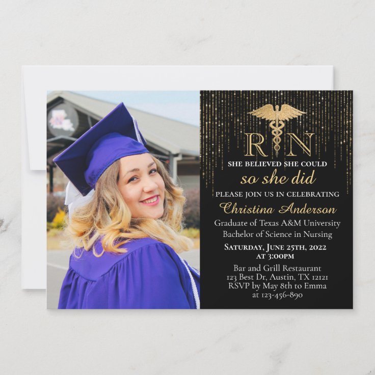 BSN RN Gold Glitter Nursing Photo Graduation Party Invitation | Zazzle